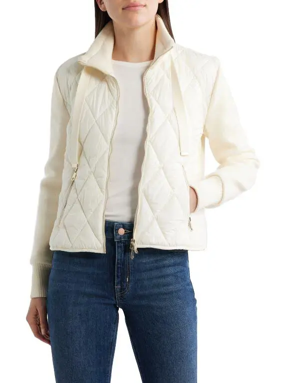 Bernardo Mixed Media Quilted Sweater Jacket With Drawstring Stand Collar - Vanilla Ice