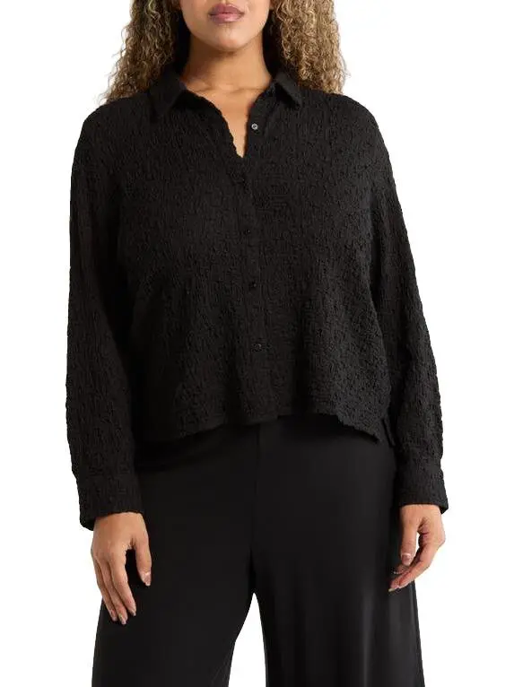 Eileen Fisher Classic Collar Stretch Organic Cotton Blend Button-up Shirt - Black