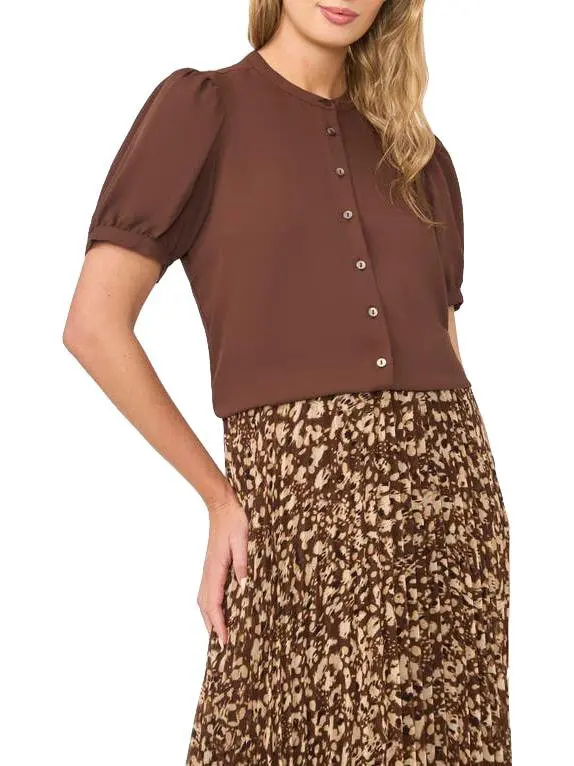 Halogen Puff Sleeve Band Collar Button-up Top - Chicory Coffee