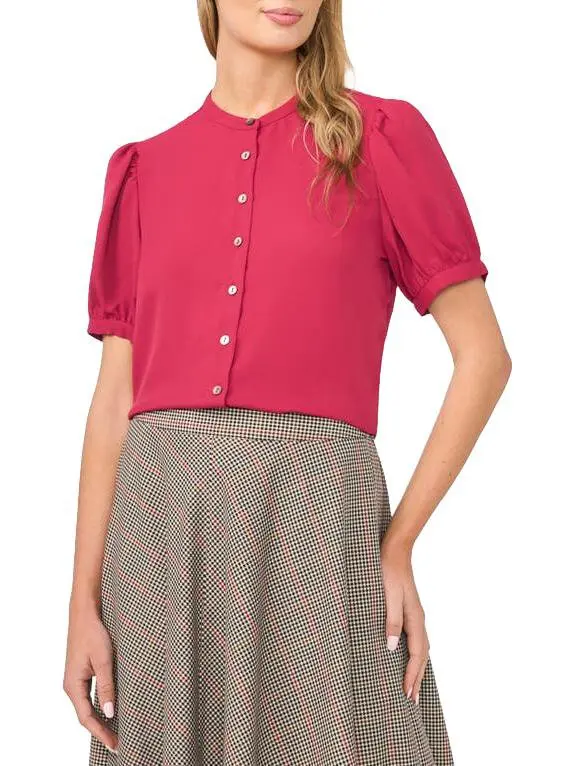 Halogen Puff Sleeve Band Collar Button-up Top - Deep Cherry