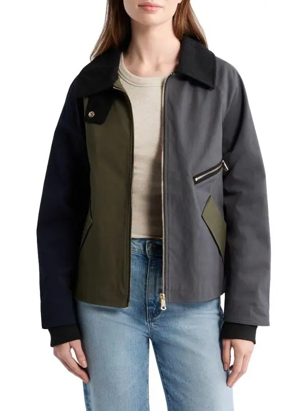 Bernardo Colorblock Stretch Rain Jacket - Olive/navy/grey