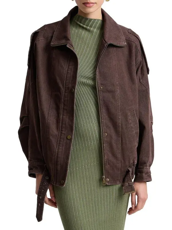 Avec Les Filles Belted Denim Bomber Jacket - Brown