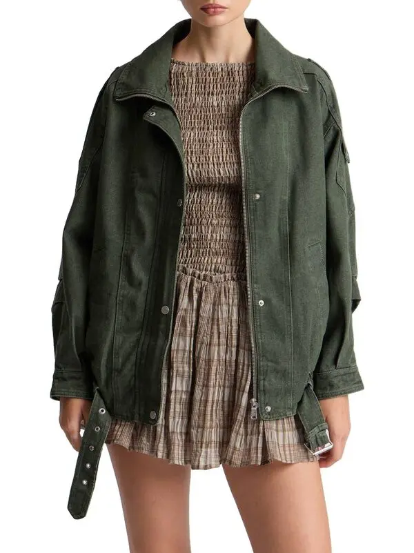 Avec Les Filles Belted Denim Bomber Jacket - Caper