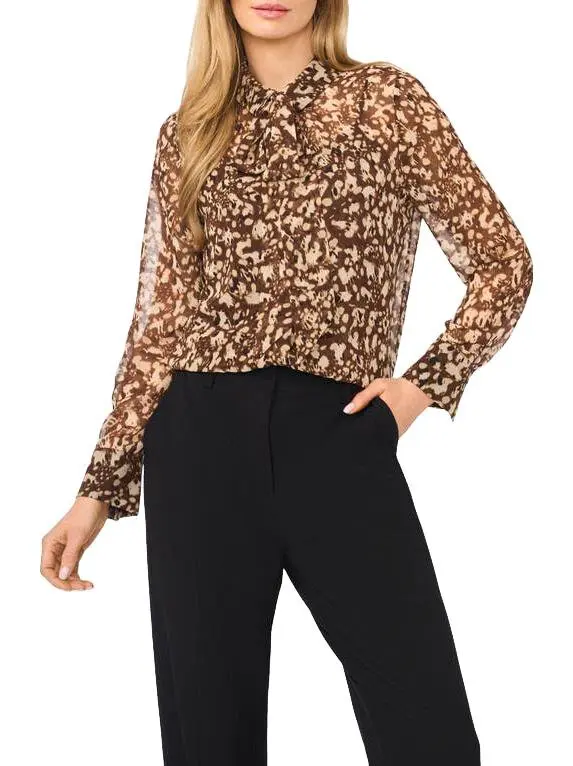 Halogen Printed Tie Neck Long Sleeve Top - Chicory Coffee
