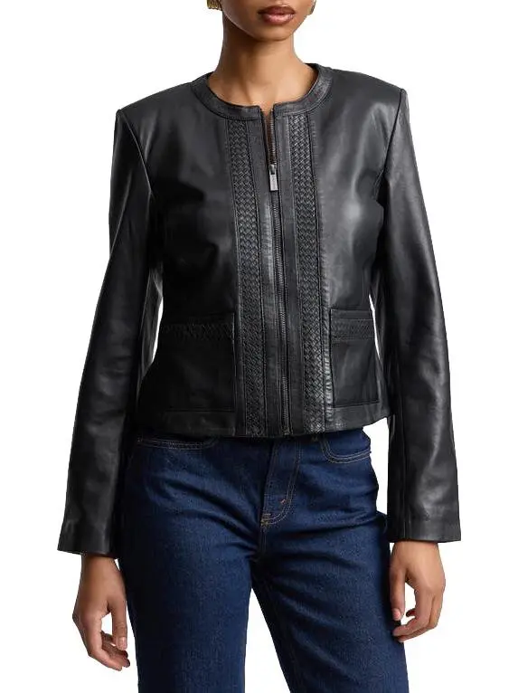 Bagatelle Basketweave Detail Leather Jacket - Black
