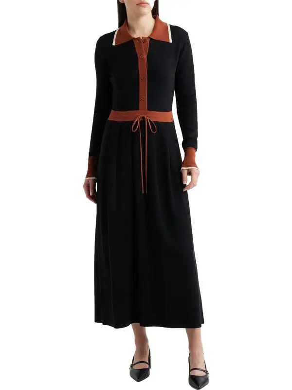 Julia Jordan Long Sleeve Sweater Dress With Drawstring Waist And Tipped Collar - Black/camel