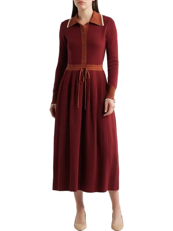 Julia Jordan Long Sleeve Sweater Dress With Drawstring Waist And Tipped Collar - Wine/camel