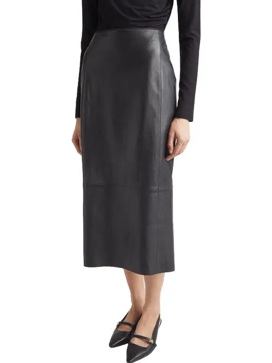 Vince Leather Midi Skirt - Black