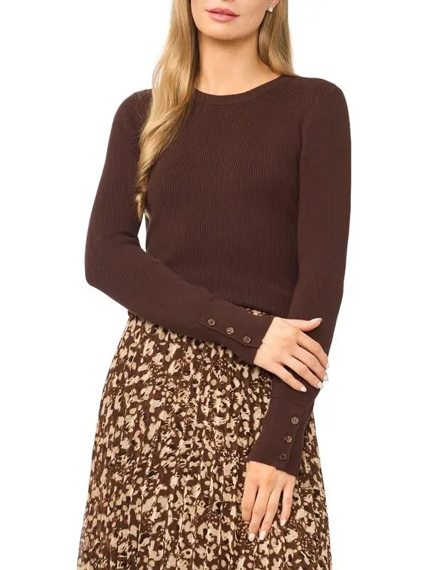 Halogen Button Cuff Rib Crewneck Sweater - Chicory Coffee