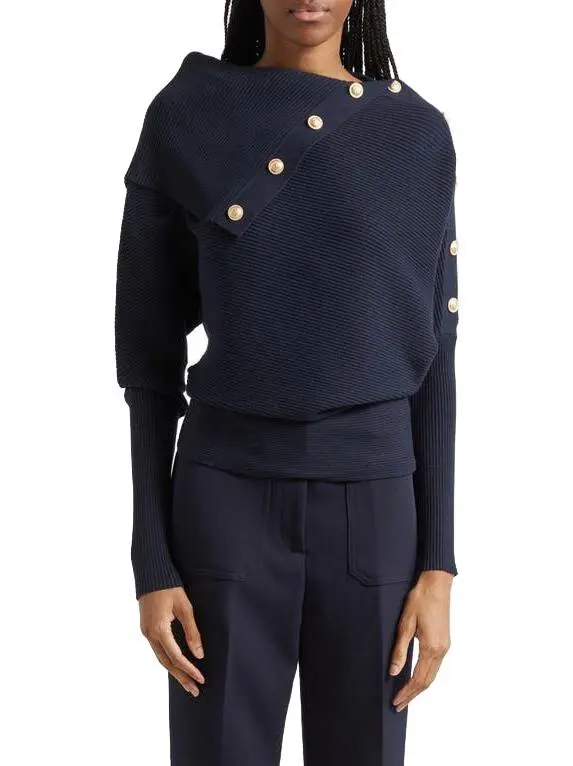 REISS Lexi Button Shawl Rib Sweater - Navy