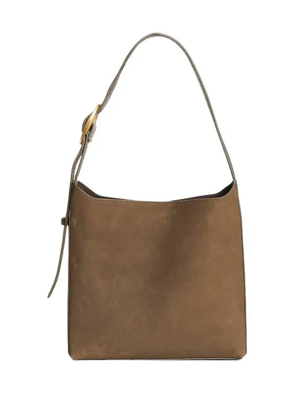 REISS Greta Suede & Leather Shoulder Bag - Khaki