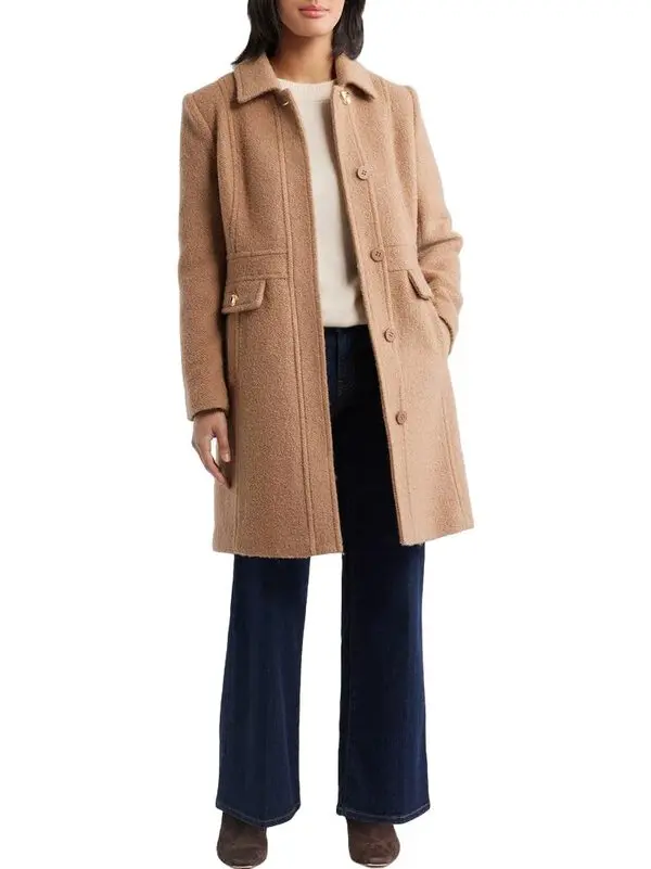 Sam Edelman Bouclé Wool Blend Coat With Inset Waist - Camel