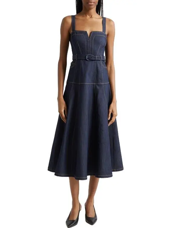 Cinq À Sept Tina Belted Stretch Denim Midi Sundress - Indigo