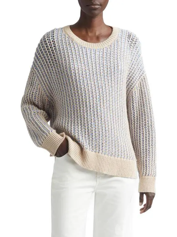 Lafayette 148 New York Open-stitch Cashmere & Silk Crewneck Sweater - Blue Oasis Multi