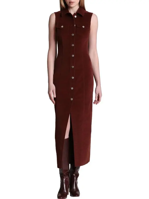 Avec Les Filles Sleeveless Stretch Corduroy Maxi Dress With Button Front And Chest Pockets - Cognac