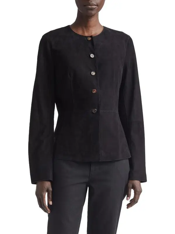 Lafayette 148 New York Suede Fitted Collarless Jacket - Black
