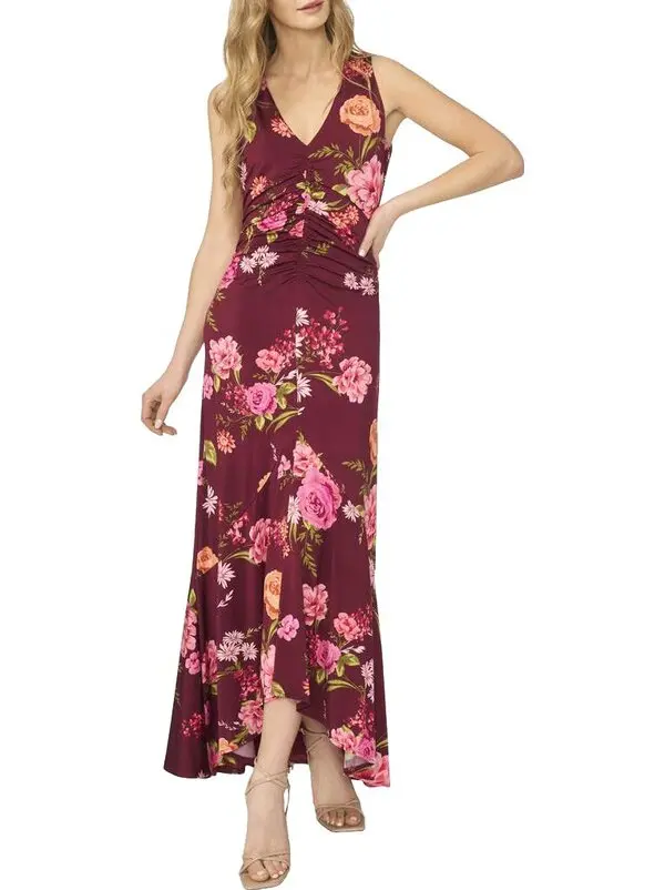 Ted Baker London Elizabeth Floral Ruched V-neck Maxi Dress - Beet Red