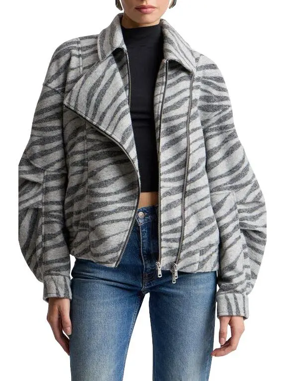 Avec Les Filles Zebra Jacquard Layered Bomber Jacket - Grey Zebra