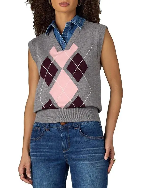 Wit & Wisdom Argyle Sweater Vest With Denim Collar - Charcoal Multi