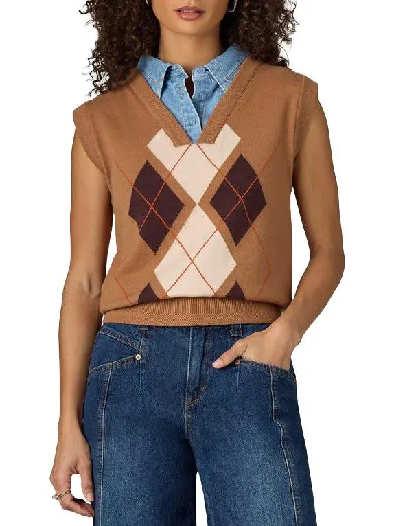 Wit & Wisdom Argyle Sweater Vest With Denim Collar - Saddle Multi/light Blue