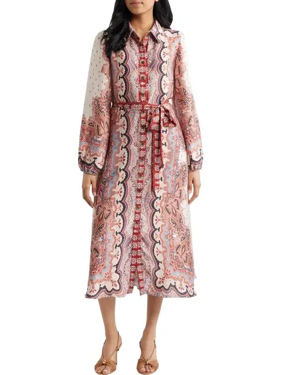 Julia Jordan Mixed Paisley Long Sleeve Midi Shirtdress - Rust Multi