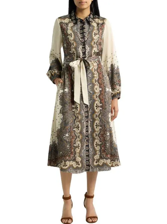 Julia Jordan Mixed Paisley Long Sleeve Midi Shirtdress - Sand Multi