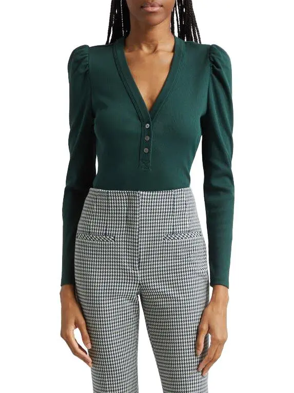 Veronica Beard Dekalb Rib Puff Shoulder Henley - Pine