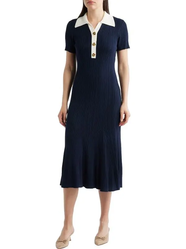 Julia Jordan Short Sleeve Ribbed Knit Polo Dress With Contrast Trim - Navy/ivory
