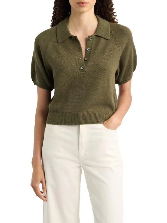 Paige Birch Puff Sleeve Organic Cotton Blend Polo Sweater - Mixed Herb