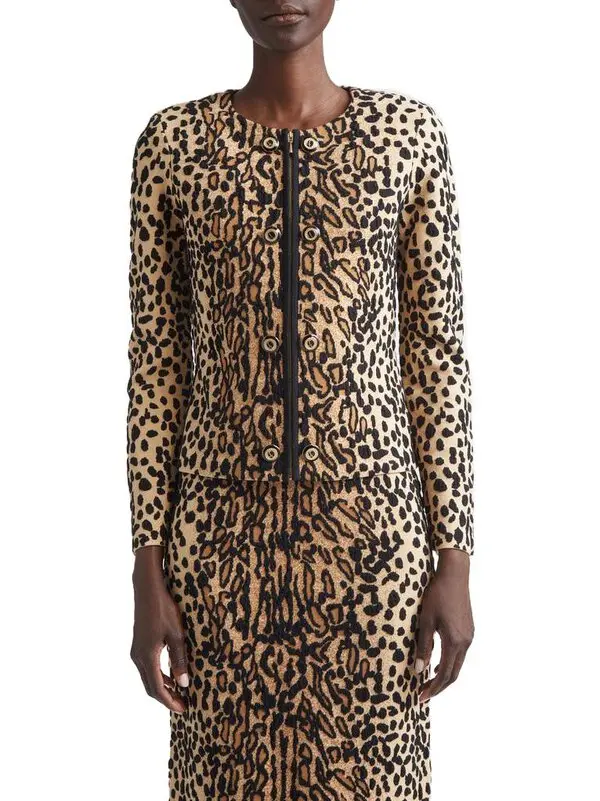 St. John Leopard Jacquard Knit Jacket - Camel Leopard Multi