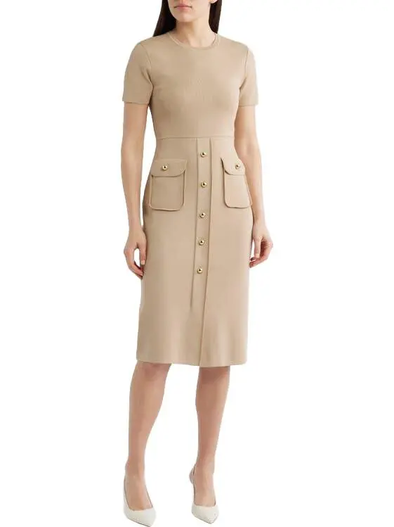 Eliza J Fitted Midi Sweater Dress With Button Details - Oatmeal