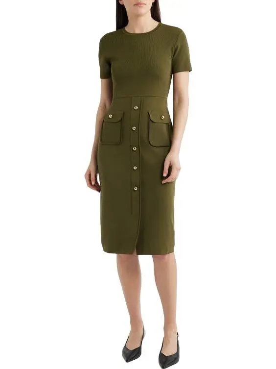 Eliza J Fitted Midi Sweater Dress With Button Details - Olive