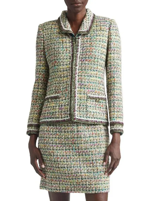 St. John Forest Tweed Jacket With Braided Trim - Pine/olive Multi