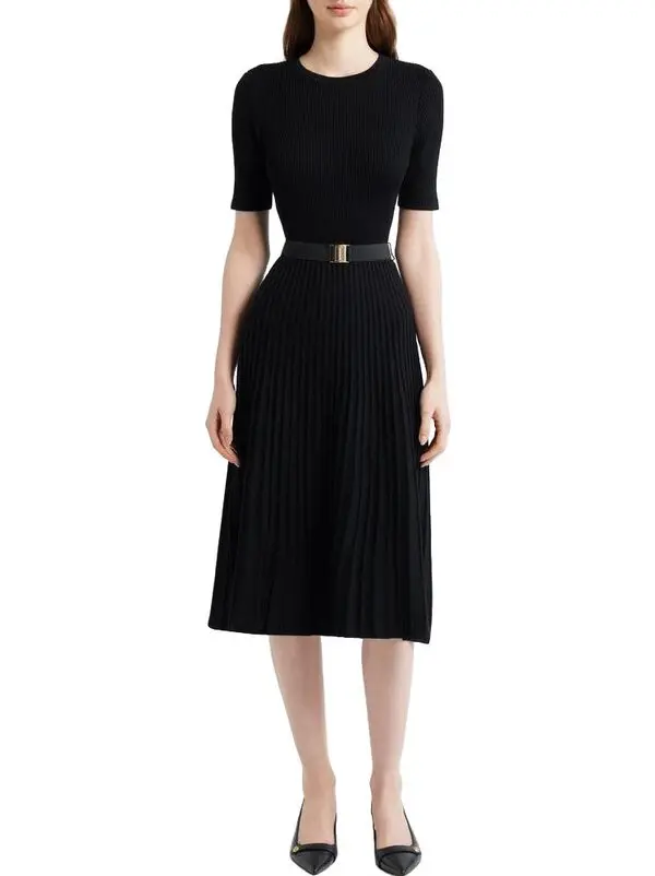 Eliza J Ribbed Fit & Flare Sweater Dress With Belt - Black