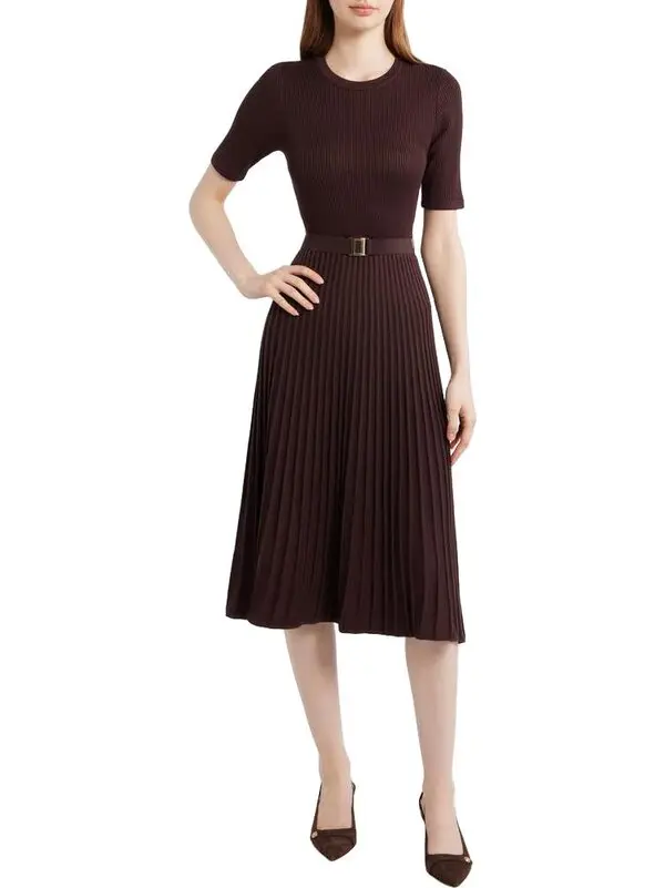 Eliza J Ribbed Fit & Flare Sweater Dress With Belt - Brown