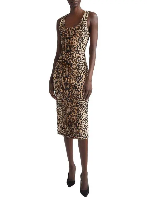 St. John Leopard Jacquard Knit Sheath Dress - Camel Leopard Multi