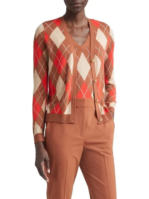 St. John Argyle Plaid Wool Blend Cardigan - Camel/rust/persimmon Multi