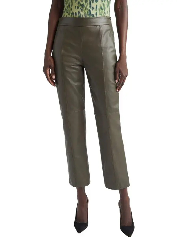 St. John Cropped Straight Leg Leather Pants - Olive