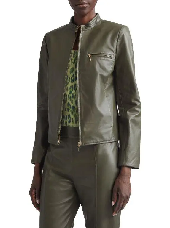 St. John Zip Pocket Leather Jacket - Olive