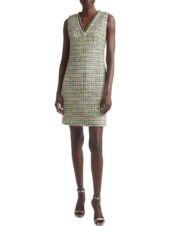 St. John Forest Tweed V-neck Sleeveless Dress - Pine/olive Multi