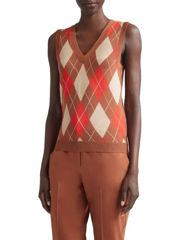 St. John Argyle Plaid V-neck Sweater Vest - Camel/rust/persimmon Multi
