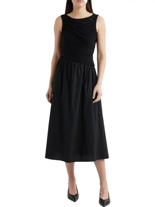 Vince Camuto Ruched Bodice Mixed Media Midi Dress - Black