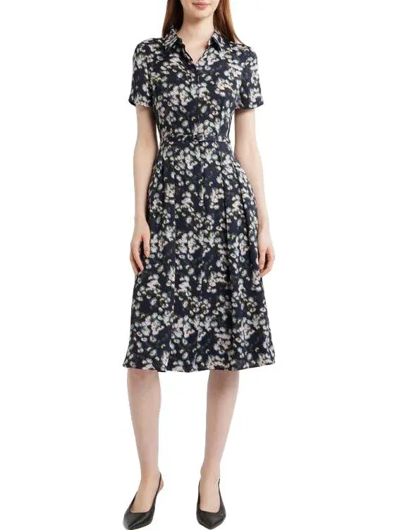 Theory Floral Print Belted Shirtdress - Navy/pink Multi