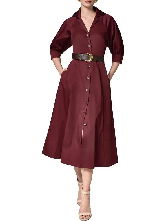 Donna Karan New York Belted Stretch Cotton Midi Shirtdress - Black Cherry
