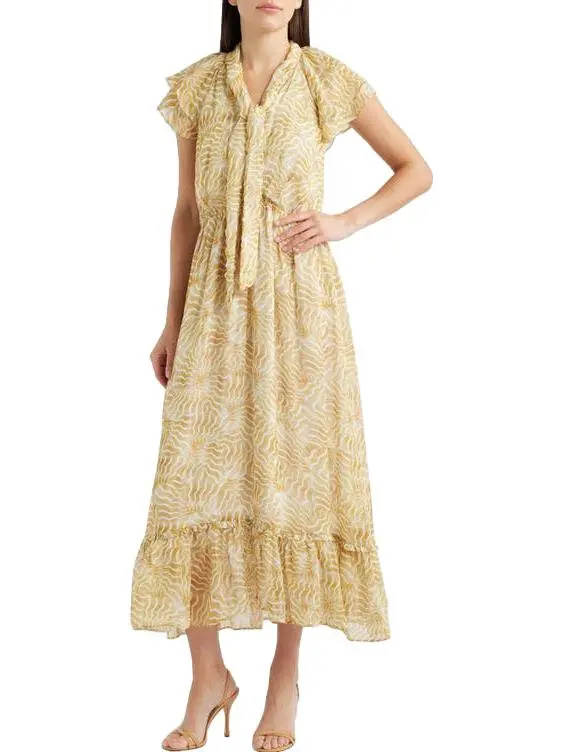 NIC+ZOE Lana Sunrays Tie Neck Tiered Maxi Dress - Yellow Multi