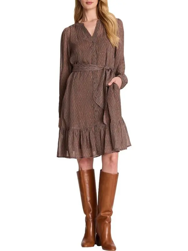 NIC+ZOE Dotty Chain Long Sleeve Georgette Dress - Brown Multi