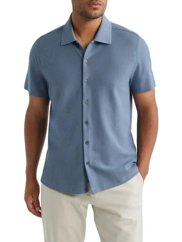 Robert Barakett Sorrell Short Sleeve Cotton Piqué Button-up Shirt - Blue Metallic