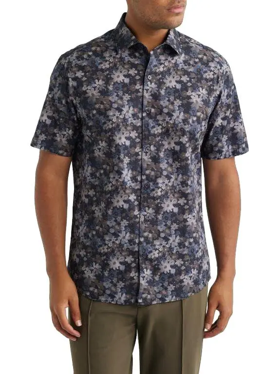 Robert Barakett Kyoto Floral Short Sleeve Cotton Button-up Shirt - Black