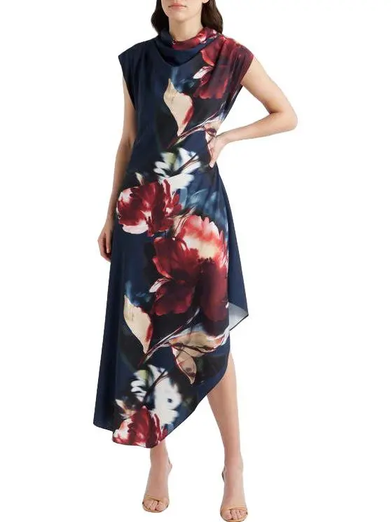 Maggy London Floral Print Asymmetrical Cowl Neck Cap Sleeve Dress - Navy