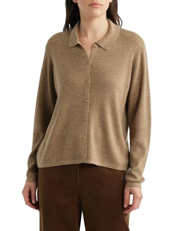 Eileen Fisher Ribbed Wool Cardigan - Biscuit